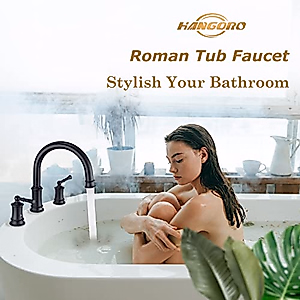 Hangoro Bathtub faucet, Deck Mount Antique Tub Faucet 2 Lever Handles, Widespread 3 Holes Brass Rough-in Tub Faucet, 360° Swivel Spout, High Flow Faucet For Bathroom, Matte Black(B2307-BK)