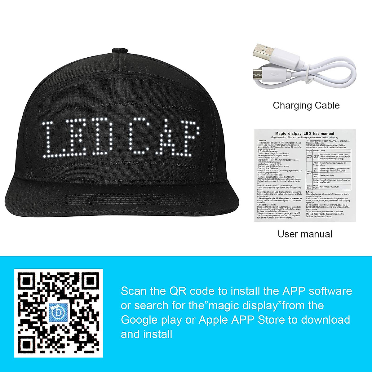 LIOVODE LED Hats,LED Caps Display Message Bluetooth Editable Cool Hat for Party Black