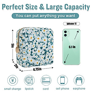 Nylon Mini Floral Makeup Bag for Purse, Small Cute Travel Makeup Bag Preppy Flower Cosmetic Zipper Pouch, Waterproof Coin Pouch Sanitary Napkin Storage Bag Make Up Organizer Set for Women(Green-Daisy)