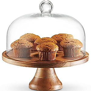 Godinger Cake Stand with Dome, 2in1 Wooden Cake Plate Serving Tray with Glass Dome, Cheese Board, Home Decor Housewarming Gift