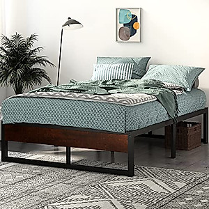 SHA CERLIN 14'' Queen Size Metal Platform Bed Frame with Rustic Wood & Reverse Holes/Ample Under-Bed Storage Space/Mattress Foundation/No Box Spring Needed/Easy Assembly/Noise Free