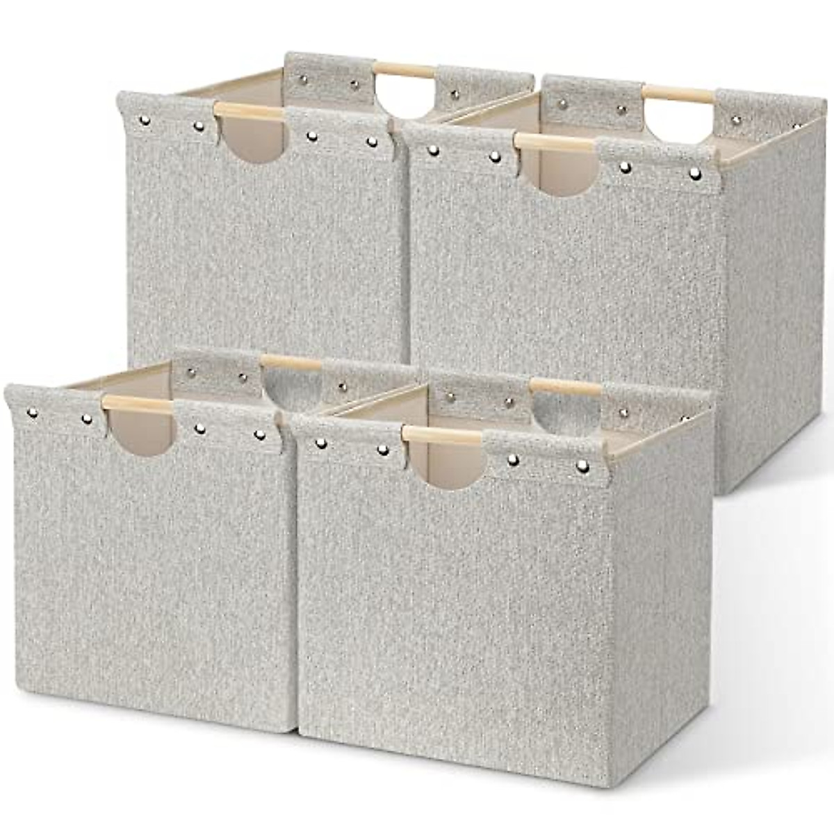 Posprica 13x13in Collapsible Storage Bins, 4 Pack Fabric Foldable Cube Storage Bins with Wooden Carry Handles, Decorative Storage Baskets for Bathroom Organizer, Shelves, Closet, Nursery, Toy -Beige