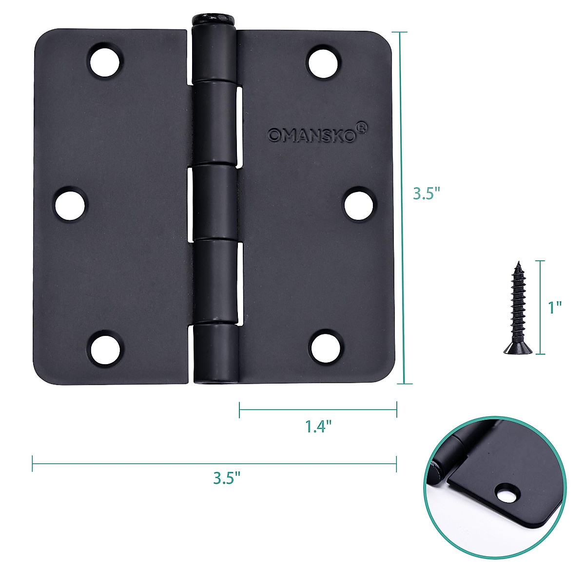 24 Pack 3.5" x 3.5" Black Door Hinges, Matte Black Door Hinges 3 1/2 Interior Door Hinges 1/4" Radius Standard Residential Bedroom Door