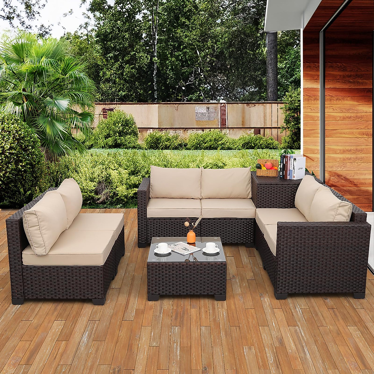 6 Pieces Patio PE Wicker Furniture Set Outdoor Brown Rattan Sectional Conversation Sofa Chair with Storage Table and Beige Cushions