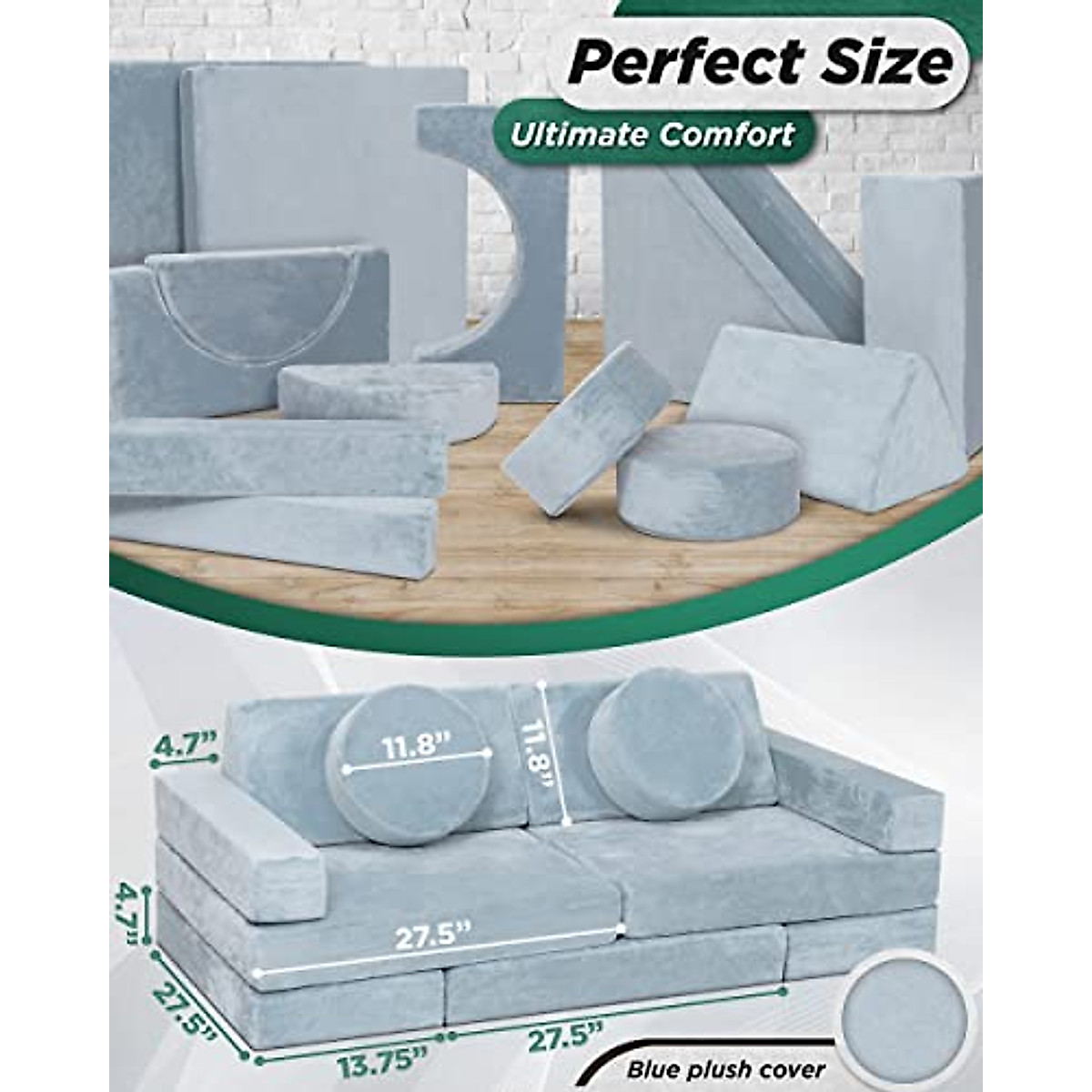 Lunix LX15 14pcs Modular Kids Play Couch, Child Sectional Sofa, Fortplay Bedroom and Playroom Furniture for Toddlers, Convertible Foam and Floor Cushion for Boys and Girls, Blue