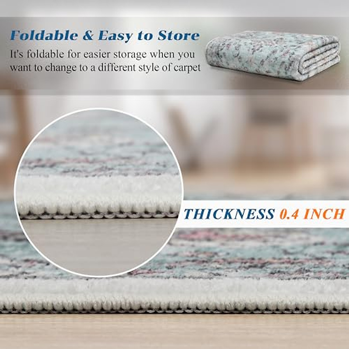 Mcadore 8x10 Area Rugs Washable Boho Rug, Non Slip Carpet for Living Room, Bedroom, Kitchen, Soft Low-Pile Rug, Turquoise Green/Floral