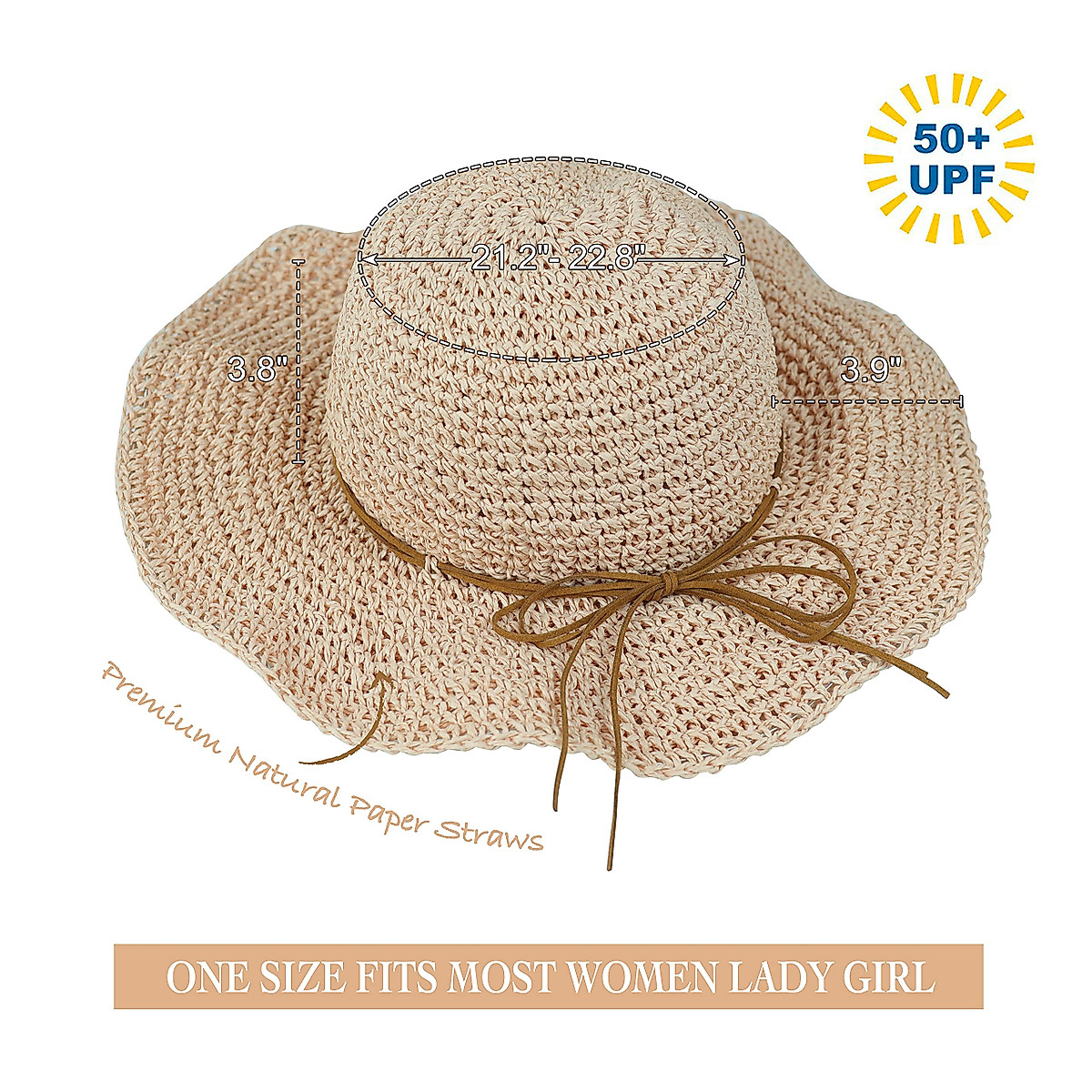 Women Sun Hat Wide Brim Floppy Beach Hat Crochet Straw Hat Breathable UV UPF 50+ Summer Hat Foldable Packable Travel Outdoor Cap Pink