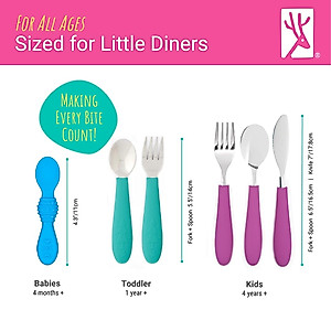 Elk and Friends Kids Silverware with Silicone Handle | Childrens Safe Flatware | Toddler Utensils | Baby Spoons + Forks | Stainless Steel Cutlery