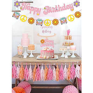 Groovy Happy Birthday Banner Cake Topper Hippie Birthday Banner for 1960's 1970's Themed Groovy Birthday Party Decorations