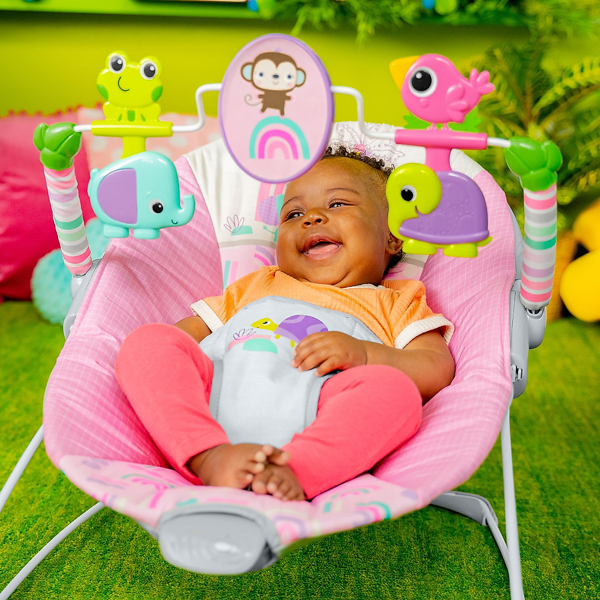 Bright Starts Pink Paradise Portable Baby Bouncer with Vibrating Infant Seat and -Toy Bar, Max Weight 20 lbs., Age 0-6 Months