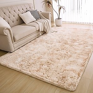 Calctic Fluffy 4x6 Shag Area Rug, Washable Tie-Dyed Beige Large Rug for Living Room and Bedroom, Soft Plush Faux Fur Carpet Ideal for Nursery Boys and Girls, Non-Slip Area Rug Perfect for Playroom