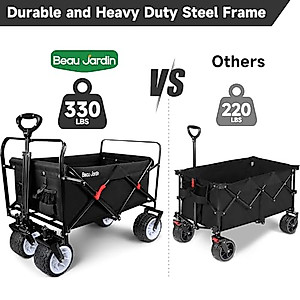 BEAU JARDIN Folding Beach Wagon Cart 330 Pound Capacity Collapsible Utility Camping Grocery Canvas Portable Rolling Outdoor Garden Sports Heavy Duty Shopping Wide All Terrain Wheel Black BG219