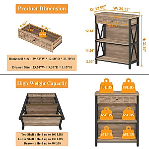 FATORRI Rustic Bookshelf with Drawer, Industrial Wood and Metal Bookcase, Small Book Shelf and Low Book case for Small Space (Rustic Oak)