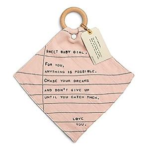 DEMDACO Dear You Sweet Baby Girl 10 x 10 Inch Pink Cotton and Wood Teether Ring Blankie