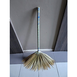 Asian Thai Handmade Broom ONE Piece Selected at Random for Sweeping Natural Grass & Wood Handle Corn Broom + 100% Calico Cotton Duster Cover (Various Styles and Colours as Pictured)