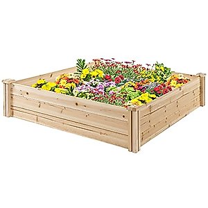 Outsunny 4ft x 4ft Raised Garden Bed, Wooden Planter Box with Segmented Growing Grid for Plants & Herbs, Natural Wood