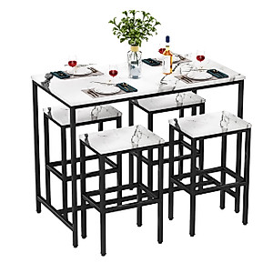 Aklaus 5 Piece Bar Table Set Kitchen Dining Table Set for 4 Modern Counter Height Bar Table with Bar Stools Set of 4 Faux Marble Top Pub Table and Stools for Dining Room Breakfast Nook Home Bar