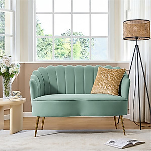 HULALA HOME Modern Velvet Loveseat Sofa with Flower Shaped Back, Comfy Upholstered 2-Seater Sofa with Gold Metal Legs, Small Love Seat Accent Couch for Living Bedroom Leisure Areas, Sage