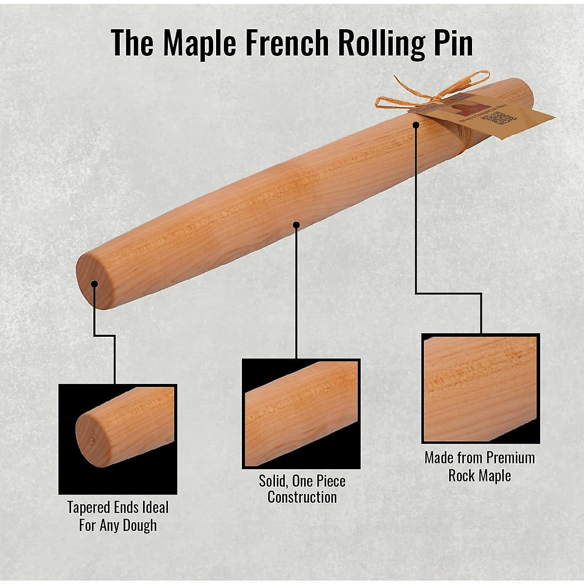 French Rolling Pin Solid Rock Maple Handmade from Adult & Teen Challenge - 20" x 2" - Tapered Handles