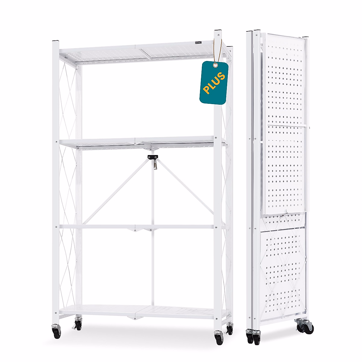 ALANNG Folding Storage Shelves with Wheels, Bookshelf with Storage, No Assembly Metal Rack Shelf for Kitchen, Office, Laundry, Garage (4 Tier, White)