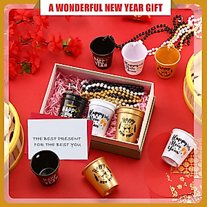 12 Pieces Happy New Year Shot Glass Beaded Necklace Plastic Shot Necklace Cups New Years Party Shot Glasses Necklace Favors for Adults and Teens New Year's Party Family Gathering Supplies, 3 Colors