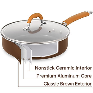 EPPMO Nonstick Ceramic Saute Pan with Lid, Saute Pot With Silicone Handle, Brown,3 Quart