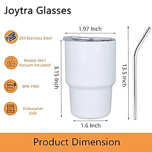 Joytra 8 Pack 3 oz Sublimation Mini Tumbler Shot Glass,Double Wall Vacuum Sealed Stainless Steel Insulated Cups with Lid and Straw,Thermos Travel Coffee Mug For Cocktail,Whiskey,Bar,White