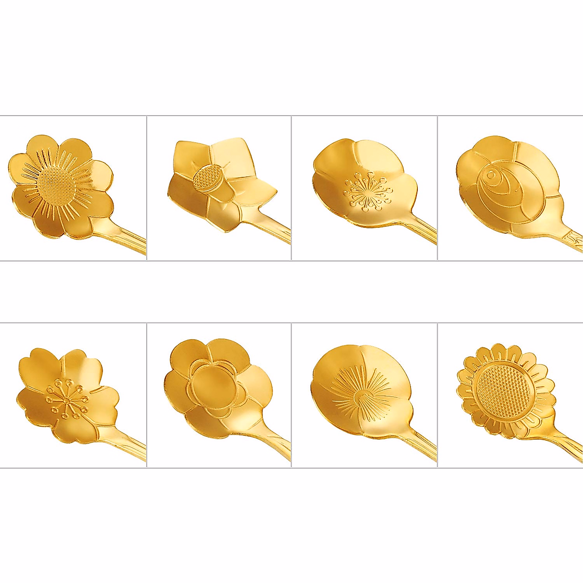 Maitys 16 Pieces Stainless Steel Flower Coffee Spoon Dessert Spoon Sugar Spoon Ice Cream Spoon Stirring Spoon Tea Spoon Milkshake Spoon Set for Tableware Kitchen, Cafe or Bar (Gold)