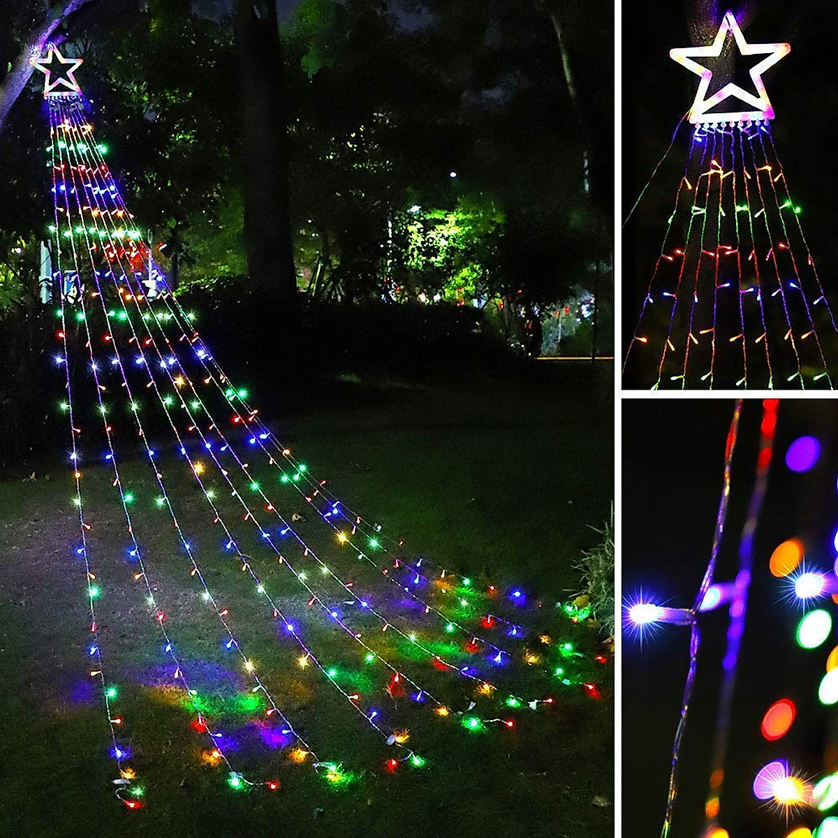 PUHONG Christmas Decoration Outdoor Star String Lights,16.4Ft Christmas Tree Toppers Lights 320 LED 8 Memory Modes with 14" Lighted Star for Halloween Christmas New Year Holiday Birthday