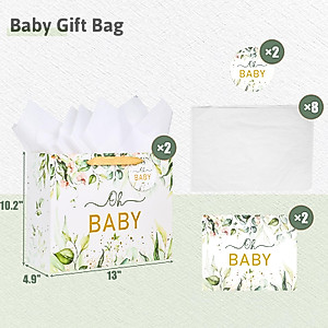 Shindel 13" Large Baby Boy Girl Gift Bag with Handle, 2PCS Baby Gift Bag with Tissue Paper Greeting Card Ribbon for Baby Shower Newborn Birthday Party