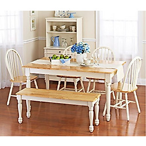 White Dining Room Set with Bench. This Country Style Dining Table and Chairs Set for 6 Is Solid Oak Wood Quality Construction. A Traditional Dining Table Set Inspired By the Farmhouse Antique Furniture Look.
