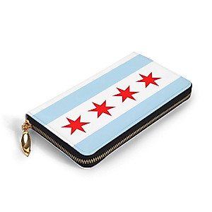 Chicago Flag Ladies Long Wallet Genuine Cowhide Zip Closure Card Slot Wallet