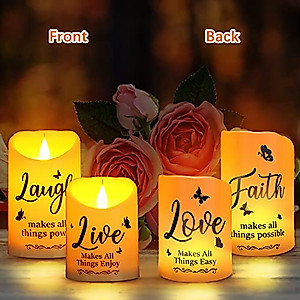 2 Pieces Inspirational Flameless LED Candles with Remote, Battery Operated Plastic Warm Light Christian Spiritual Gifts for Women Men with Live Love Laugh Faith Home Thanksgiving Religious Decor