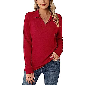 Romanstii Collared Sweaters for Women Knitted Long Sleeve V Neck Fitted Polo Shirts Trendy Winter Pullover Tops,Red,M
