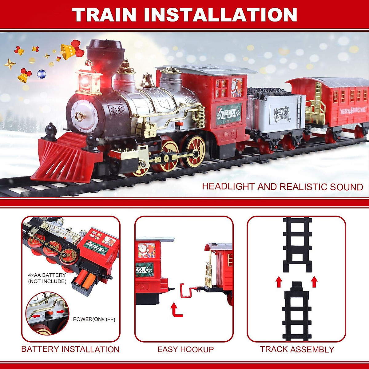 WESPREX Electric Train Set for Kids w/Headlight, Realistic Sound, Battery-Operated Classic Toy Train, 1 Locomotive, 2 Compartments, 10 Railway Tracks, Gift for Boys Girls Age 4 5 6 7 - Christmas
