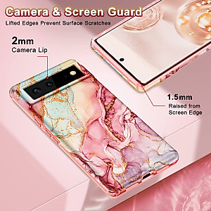 Btscase for Google Pixel 6 Case, Gold Glitter Bling Marble Pattern Hard PC Slim Fit Shockproof Full Body Rugged Drop Protective Women Girls Cover Cute Case for Google Pixel 6 (2021), Rose Gold