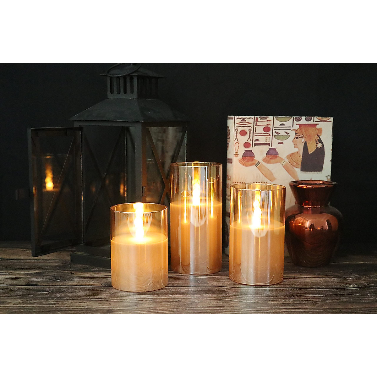 GenSwin Gold Glass Battery Operated Flameless Led Candles with 10-Key Remote and Timer, Real Wax Candles Warm White Flickering Light for Home Decoration(Set of 3)