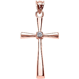 Religious Jewelry by FDJ 14K Rose Gold Solitaire Diamond Accented Cross Pendant Charm (K-M Color, Promo Clarity)