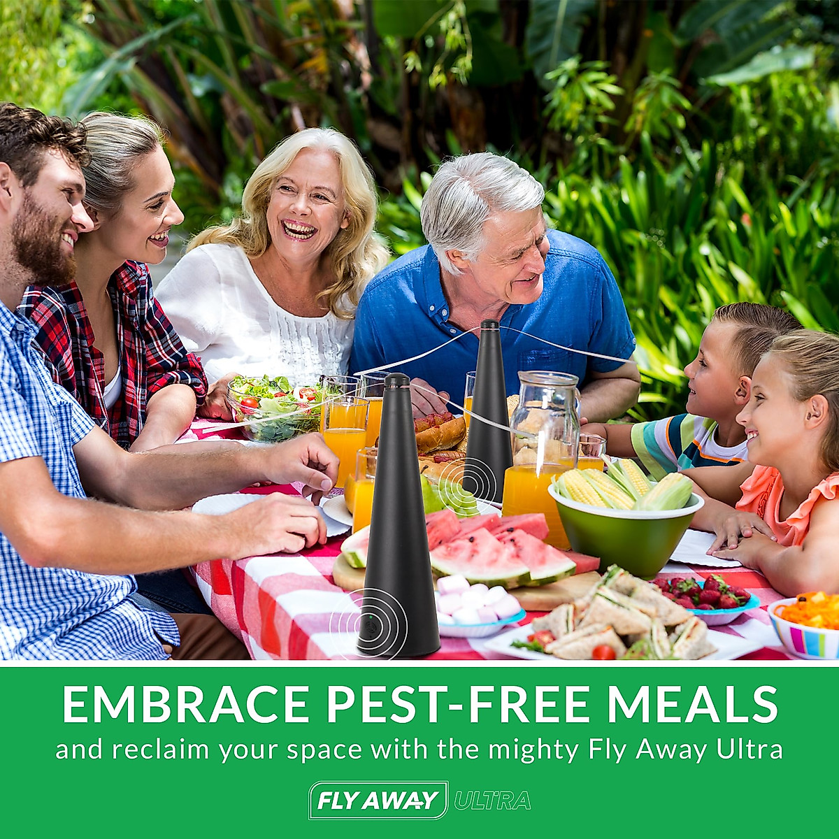 Fly Away Ultra - 2 Pack Rechargeable Outdoor Fly Fans for Tables with Ultrasound, Outdoor or Indoor Tabletop use, Restaurant, Barbeque, Events, Deter Flies, Wasps, Bees, Moscas and Bugs, Hanging Hook.