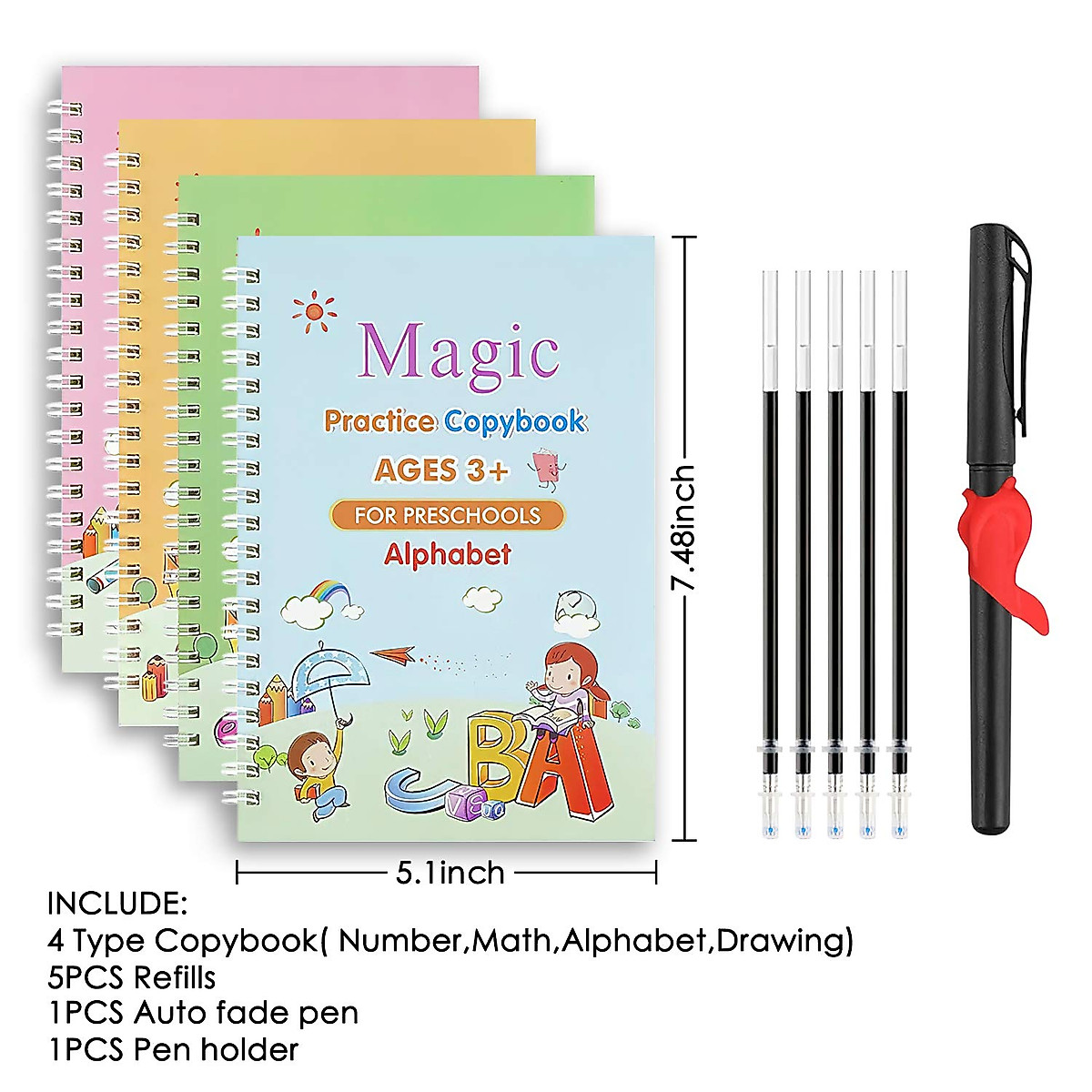 RYZ Magic Practice Copybook for Kids, Magic Calligraphy That Can Be Reused,Magical Handwriting Workbooks Practice Copybook for Preschoolers Kindergarten(4Book + Pen Set)
