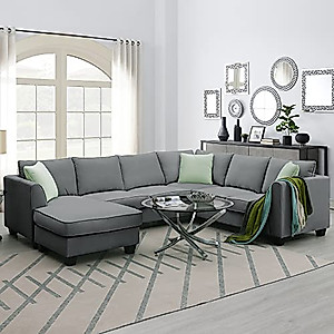 LostCat 112" Sectional Couches for Living Room Sets, 7 Seats Modular Couch with Ottoman, Fabric L Shape Couch with 3 Pillows, Convertible Corner Couch Set, Sectional Sofa Set for Living Room, Grey