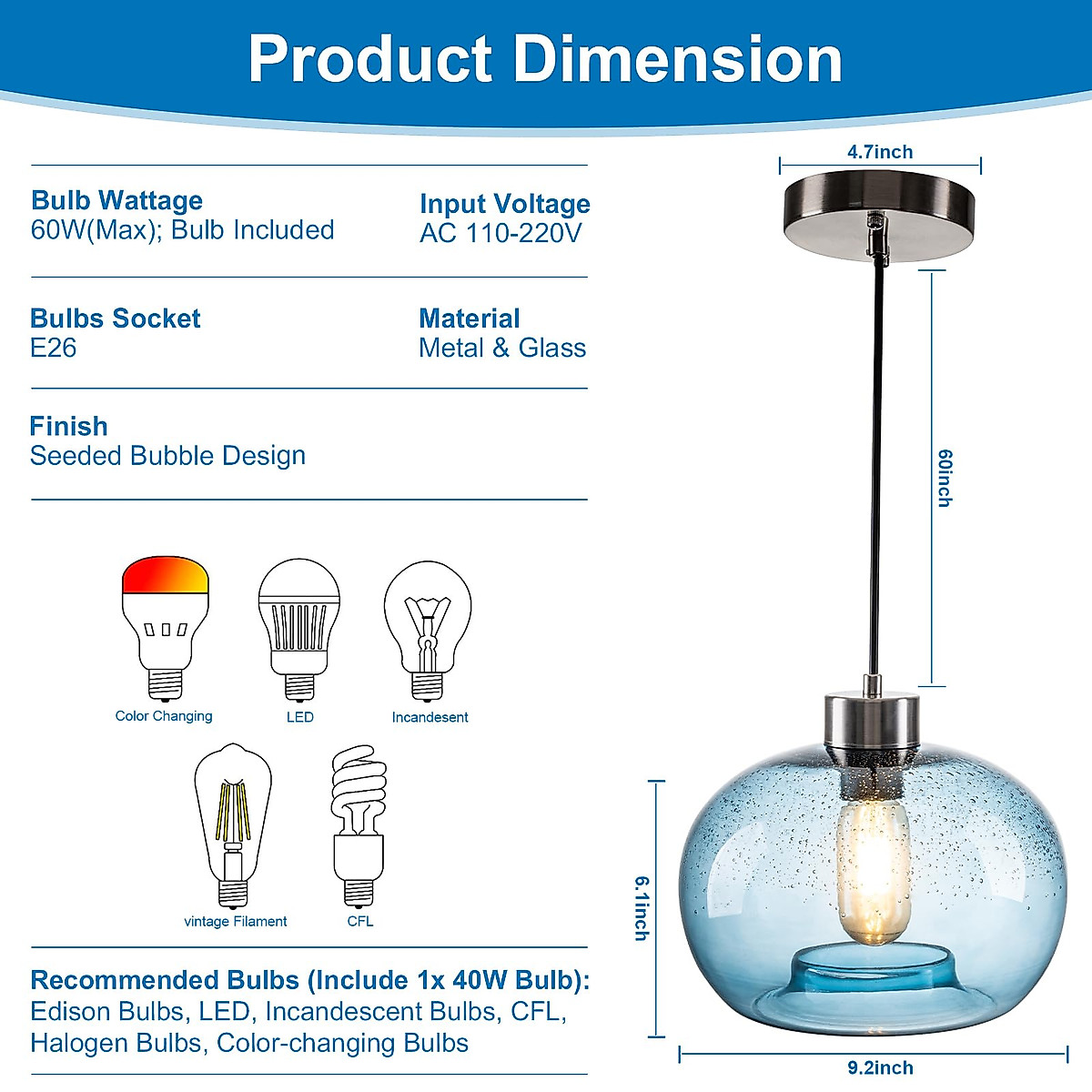 HASUN 2 Pack Blue Pendant Lights Kitchen Island, 9.2 Inch Pumpkin Farmhouse Seeded Glass Pendant Lights Fixture, Bedroom Pendant Light for Office Cafe Pubs Brushed Nicke with Bulb