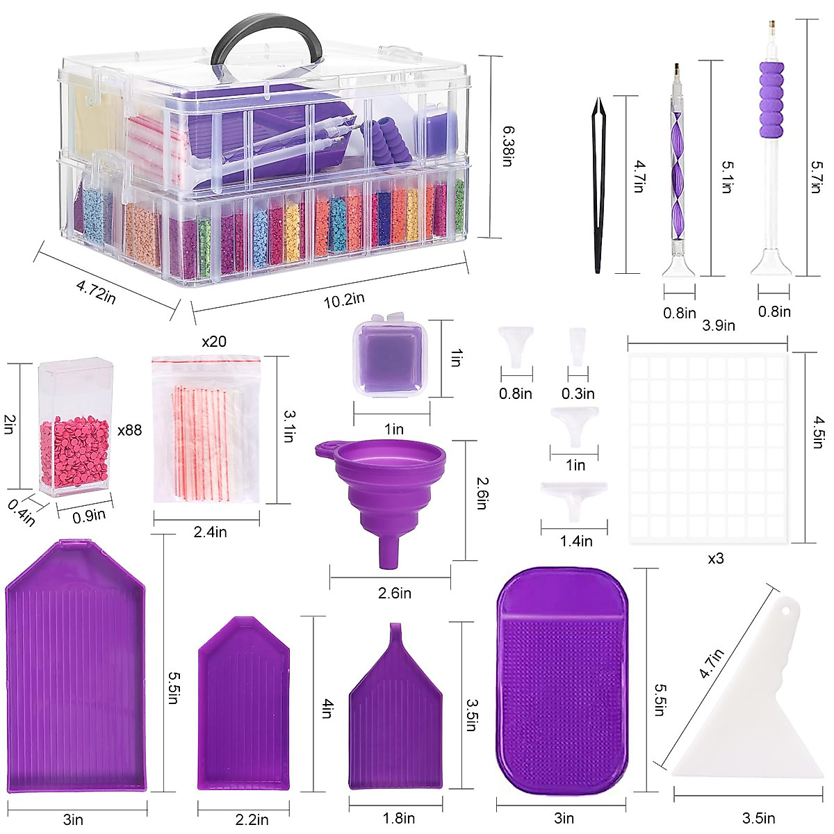 Quefe 2-Tier Diamond Painting Storage Container, 88 Slots Clear Stackable Bead Organzier with Diamond Painting Accessories and Tools for DIY Diamond Art Craft Jewelry Bead Storage