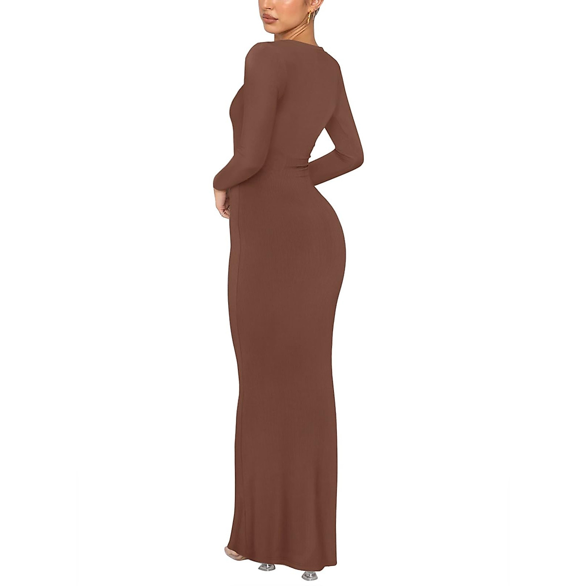 REORIA Women's Sexy Casual Crew Neck Lounge Slimming Long Dress Elegant Wedding Guest Long Sleeve Ribbed Bodycon Maxi Dresses Coffee Small