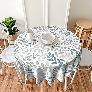 Leaf Grey Tablecloth Summer 60 Inch Round Teal Tablecloth Leaves Rustic with Wrinkle Resistant for Party, Picnic, Tabletop, Dining Room, Indoor and Outdoor Dining, Decorative Patio