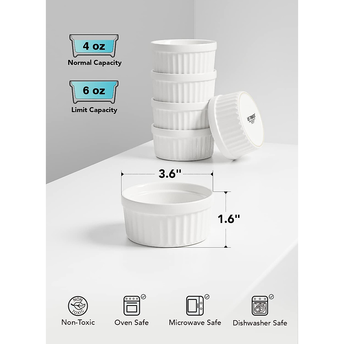 LE TAUCI Ramekins 4 OZ Oven Safe, Creme Brulee Ramekins, Pudding Custard Cups Souffle Ramiken, Dipping Sauce Dishes, Ceramic Ramekin Bowls Set of 6, White