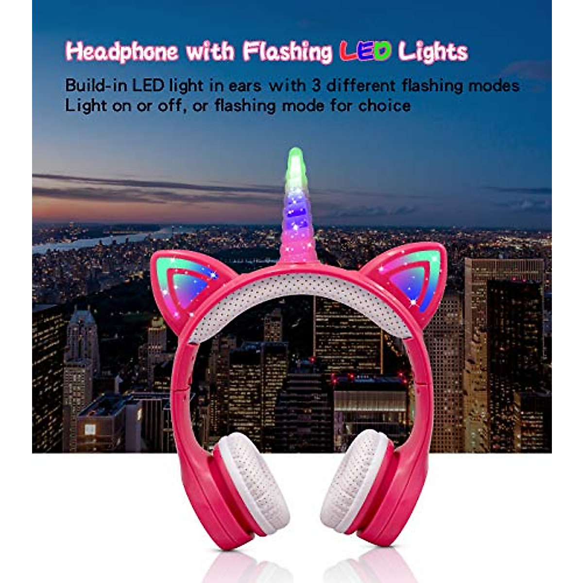 YUSONIC Unicorn Headphones for Girls,15 Hours Play time,Bluetooth Unicorn Headphones Toddler School Laptop Cellphones Plane use, Light Up Wireless Kid Headphone Birthday Gifts (Pink)