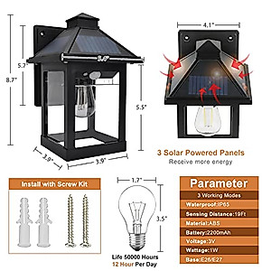 Nodfens 2 Pack Solar Wall Lanterns Outdoor with 3 Modes, Wireless Dusk to Dawn Motion Sensor LED Sconce Lights IP65 Waterproof, Exterior Front Porch Security Lamps Wall Mount Patio Fence Decorative