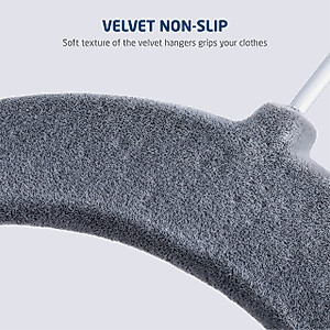 Zober Velvet Hangers with Clips - Pack of 20 Metal Clip Hangers for Pants - Notched Gray Velvet Skirt Hangers for Pants, Skirts, Suits, Dresses & Shirts w/ 360 Degree Hook - Non Slip Felt Hangers