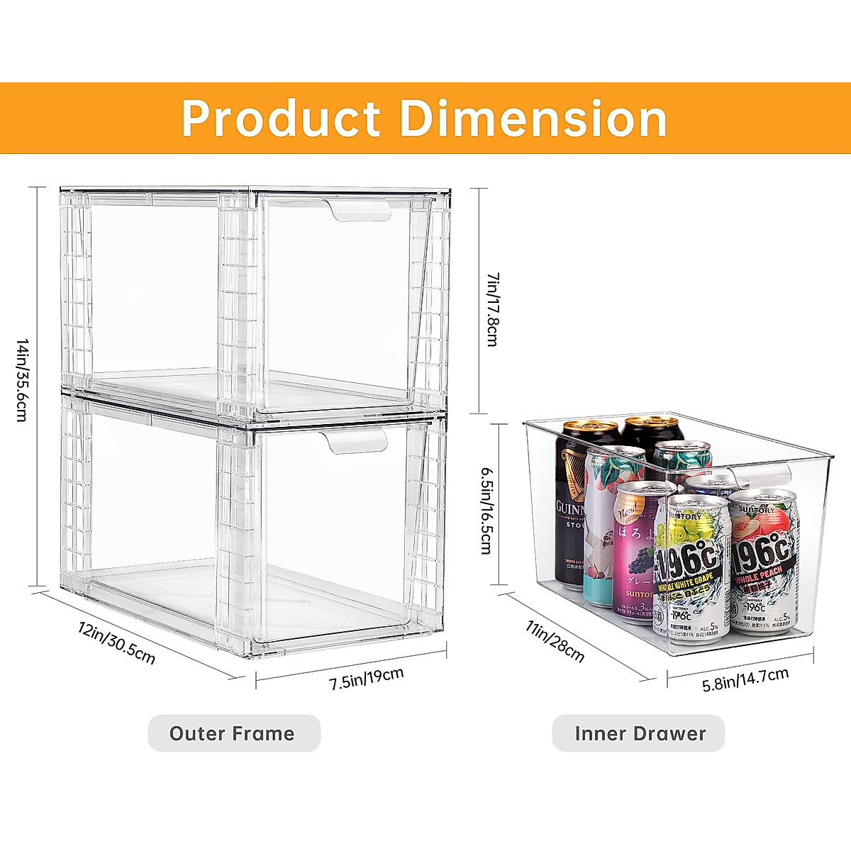 4Pack Large Stackable Kitchen Storage Drawers, Clear Foods Organizer Bins with Handles, Easily Assemble for Bathroom, Kitchen, Pantry, Cabinet, Closet(XL-UP Handle)